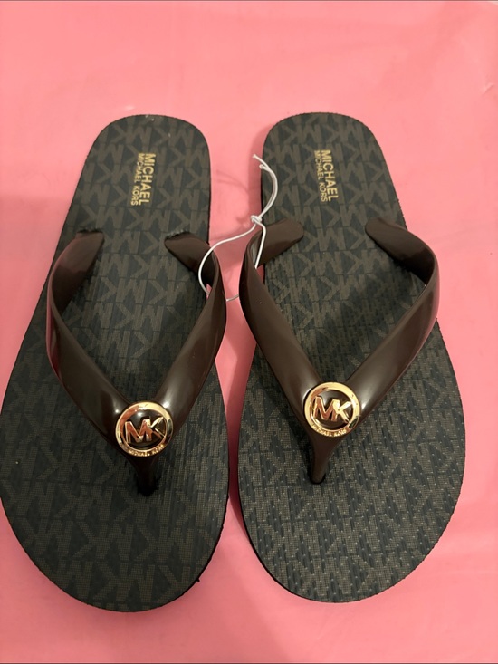 Michael Kors | Shoes | Michael Kors Brown And Gold Mk Logo Thong ...